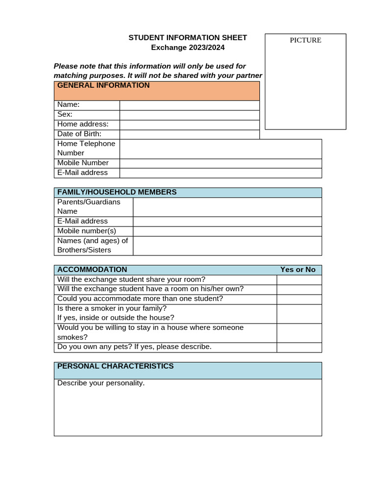 23-24 Student Information Sheet (Empty) | PDF