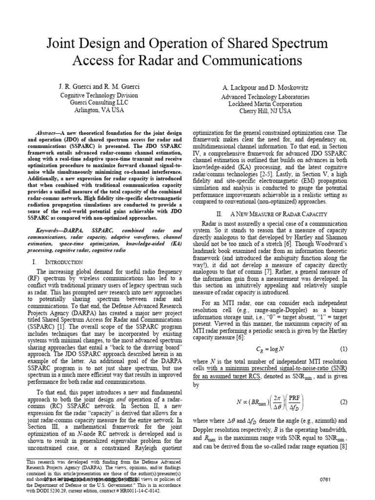 Joint Design and Operation of Shared Spectrum Access for Radar and Communications | PDF | Radar ...