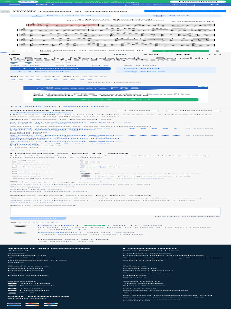 A Day in Mondstadt - Genshin Impact Mond City Theme Sheet Music For ...