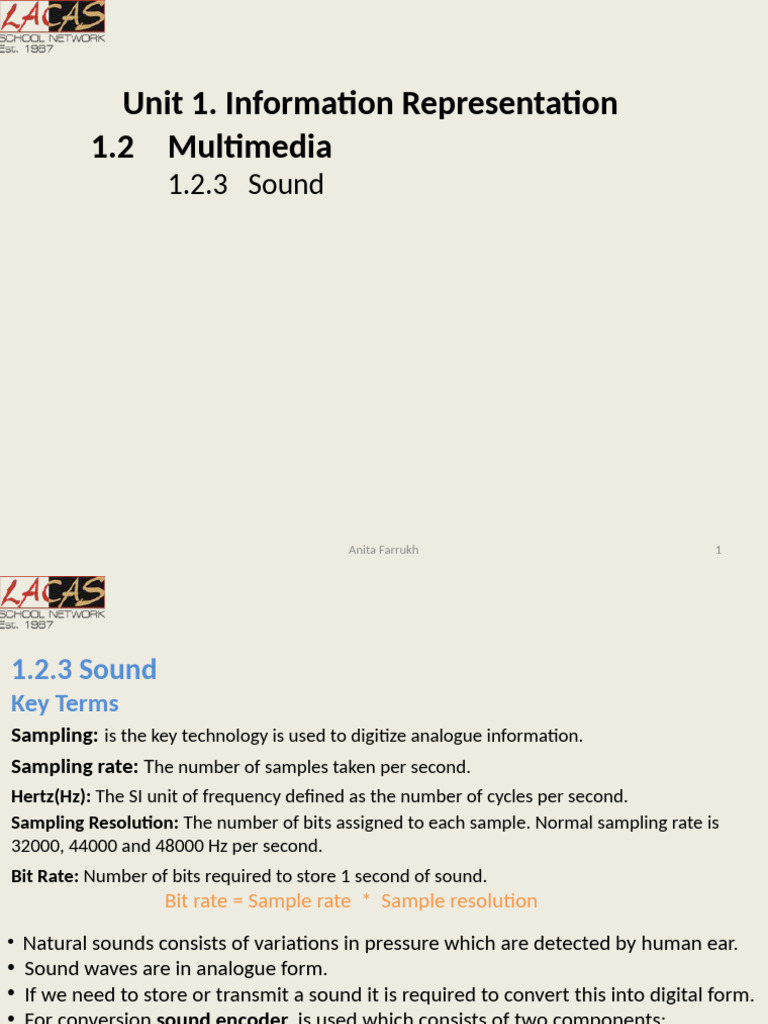 Information Representation - Unit 1.2-Sound | PDF | Sampling (Signal Processing) | Data Compression