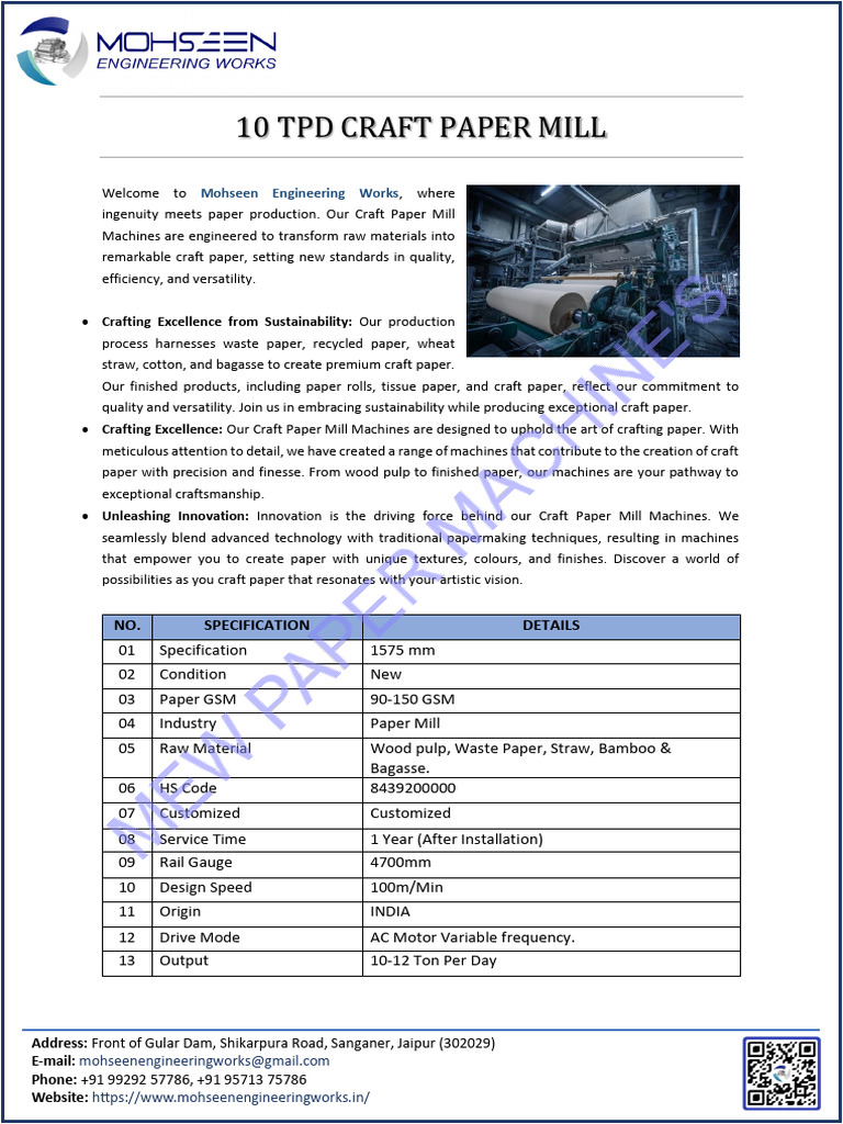 10 Ton Craft Paper Mill (MEW MACHINES) | PDF | Paper | Pulp (Paper)
