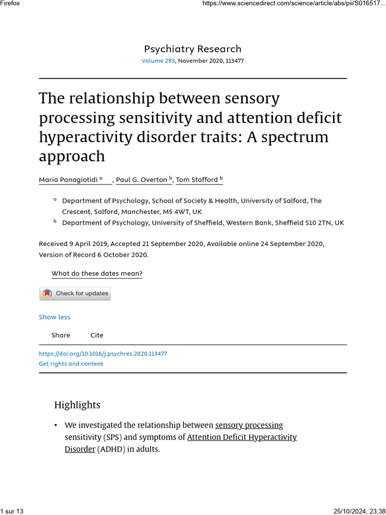 Sensory Processing Sensitivity and ADHD Traits | PDF | Attention ...