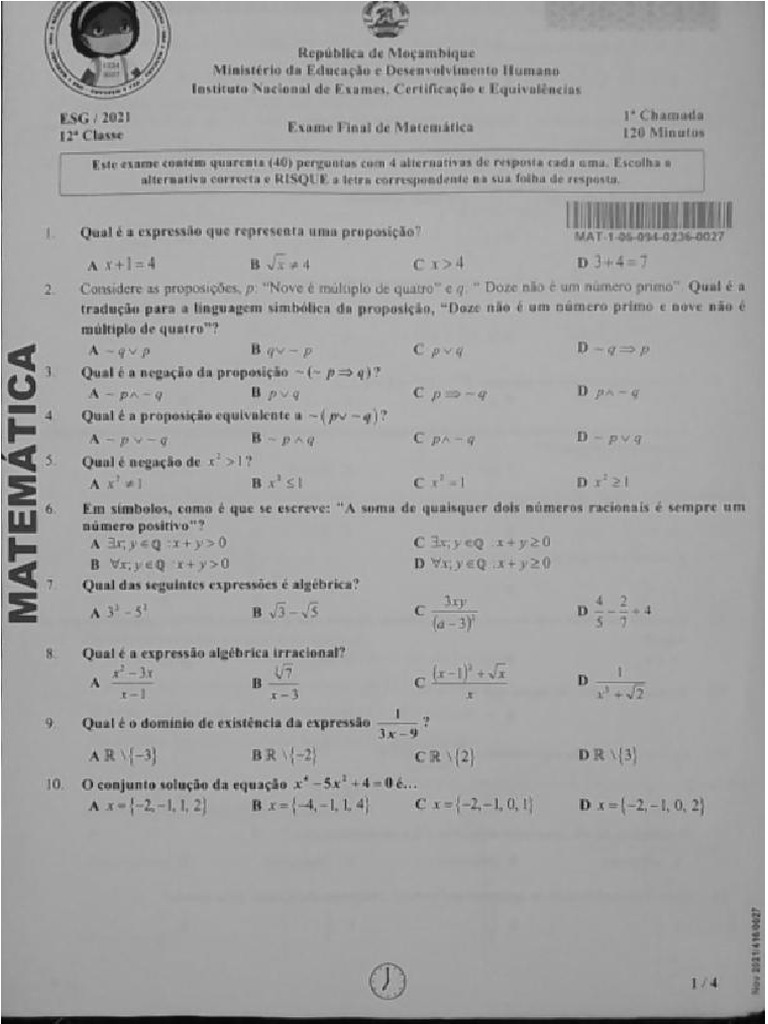 Exame de MATEMÁTICA Da 12 Classe 2021.ScanFile | PDF