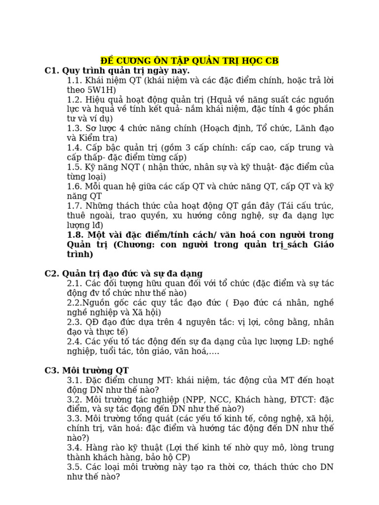 Đề cương QTH | PDF