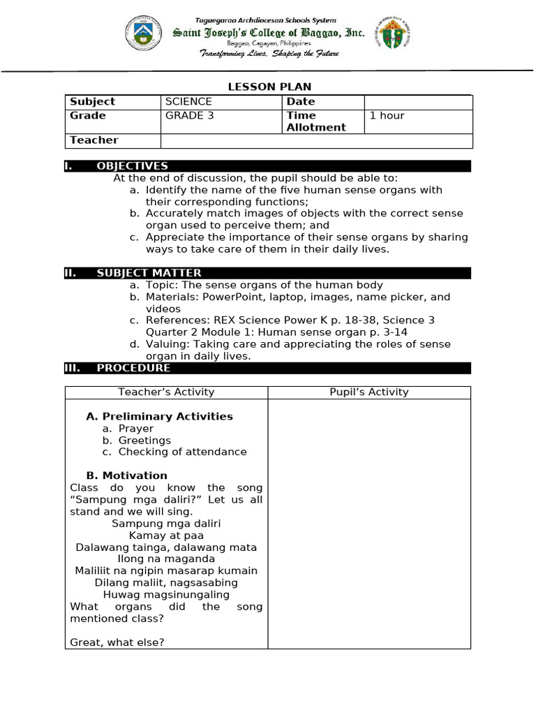 Five Senses Lesson Plan for Grade 3 | PDF | Senses | Taste