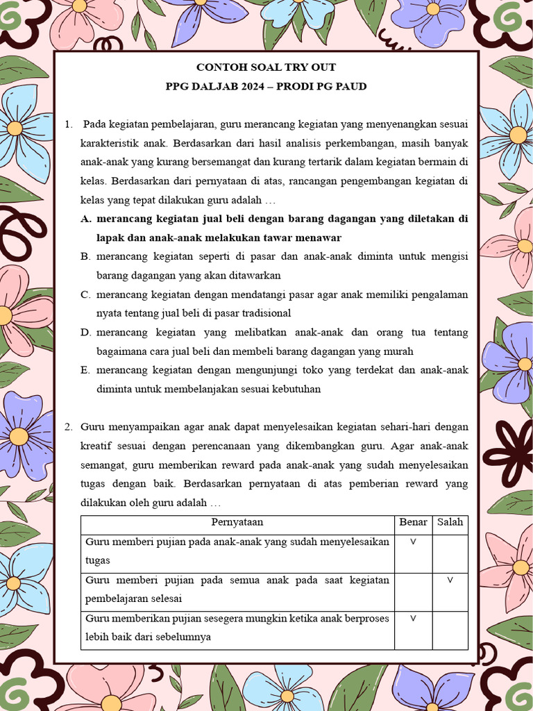 CONTOH SOAL TRY OUT-PGPAUD | PDF