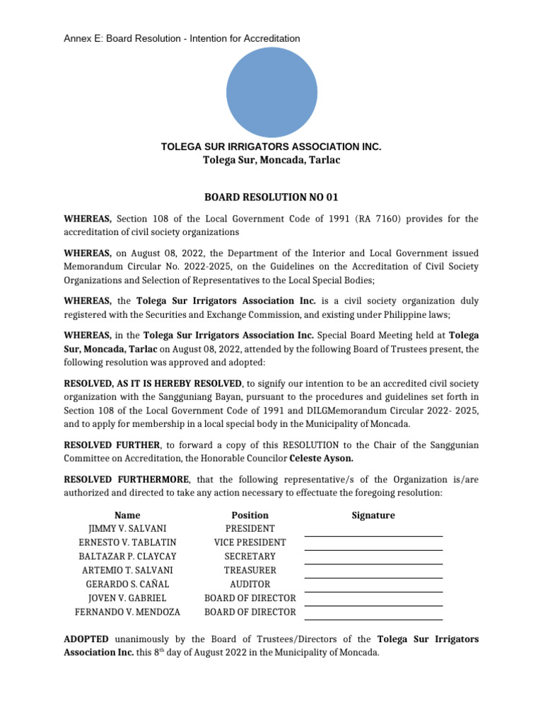 Annex E CSO Board Resolution | PDF | Governance | Government