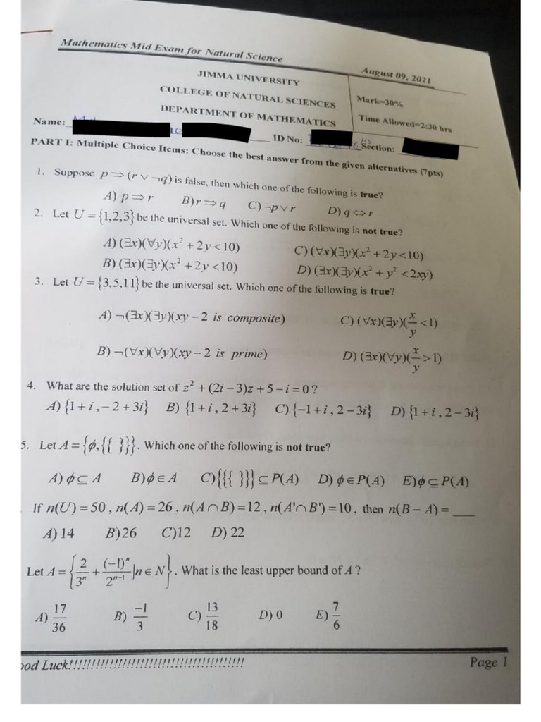 Jimma.Maths Ns midexam-2014 @freshman_students2016 | PDF