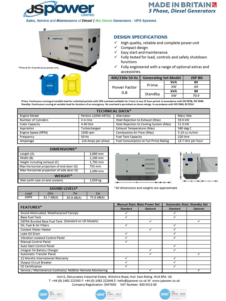 80 kVA Perkins Diesel Generator Specs | PDF | Diesel Engine | Vehicle ...