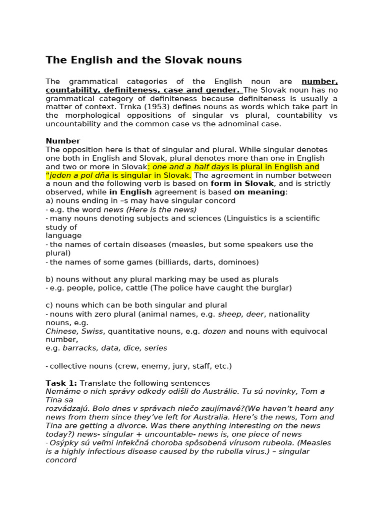 The English and The Slovak Nouns | PDF | Plural | Grammatical Number