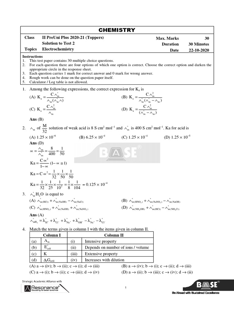 Chemistry - Toppers - Test - 2 - Electro Chemistry - Q + Soln | PDF | Electrical Resistivity And ...
