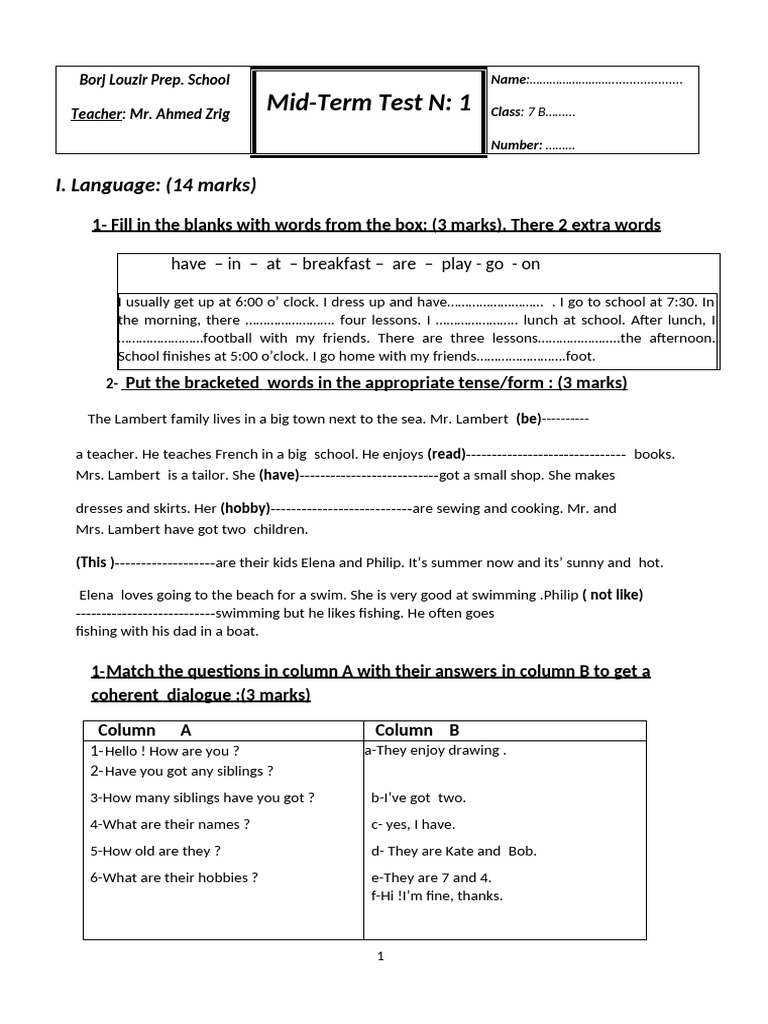 Devoir de Contrôle N°1 - Anglais - 7ème (2019-2020) Mme Sarah Baatour | PDF | Language Arts ...