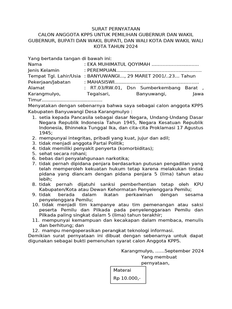 Surat Pernyataan KPPS | PDF