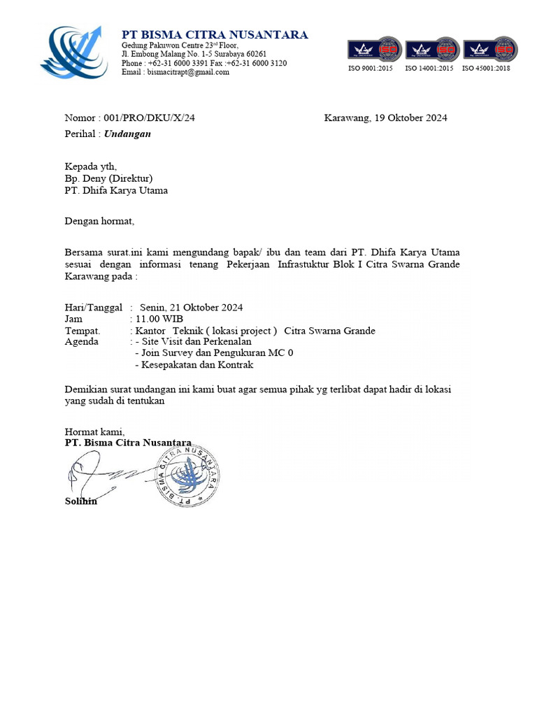 Undangan Site Visit PT Dhifa Karya Utama | PDF