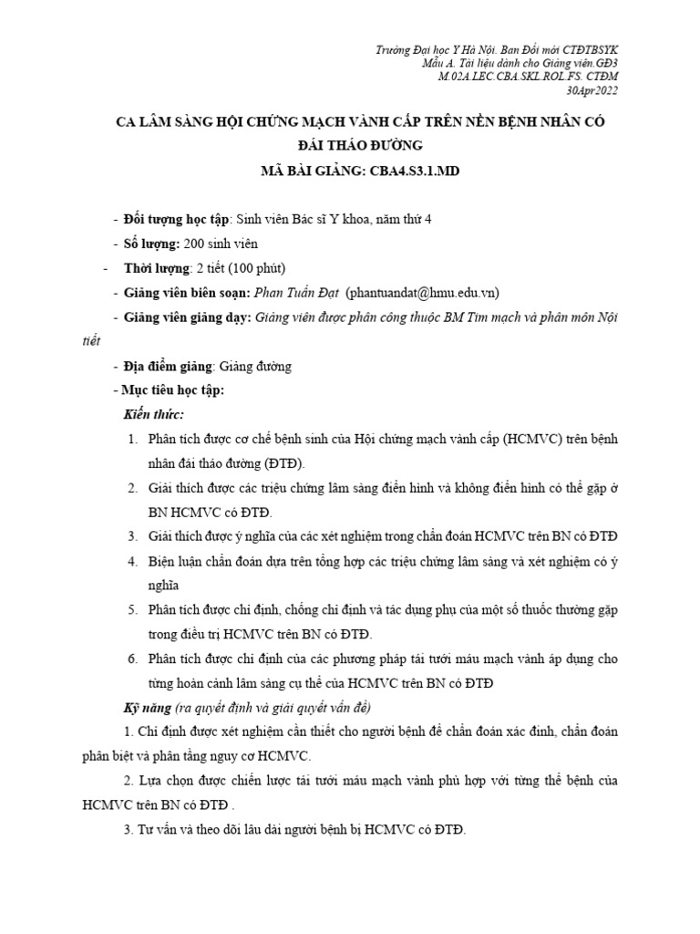 CBA 8 - Hội chứng mạch vành cấp trên nền bệnh nhân có đái tháo đường | PDF