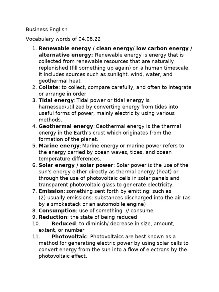 Business English: Renewable Energy Vocabulary | PDF | Science & Mathematics
