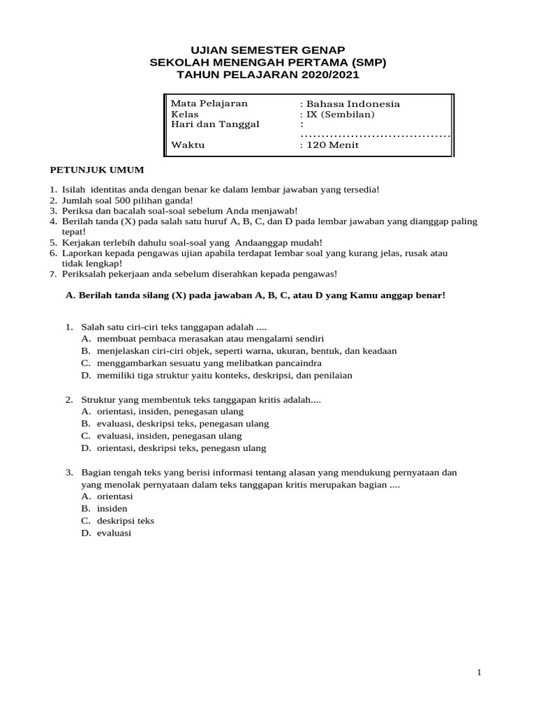 Soal B Ahasa Indonesia Ujian SMT Genap Kelas Ix TH 2021 | PDF