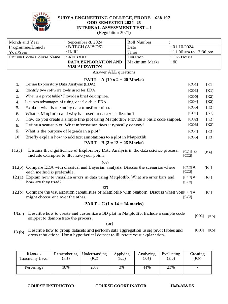 Internal QP Format Ad3301 | PDF | Statistical Analysis | Teaching ...