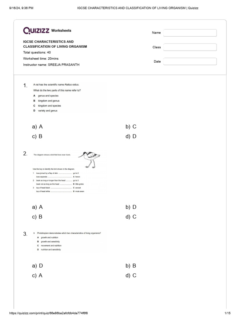Worksheets: Igcse Characteristics and Classification of Living Organism ...