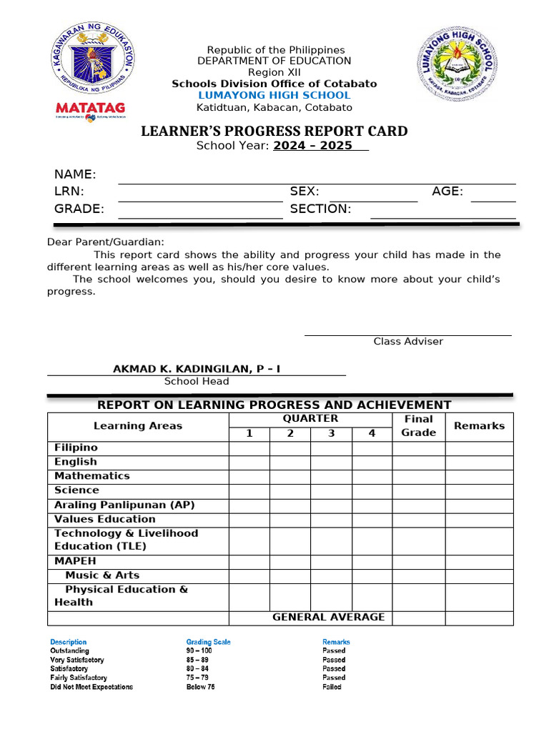 Grade 7 Matatag Report Card Template | PDF | Learning