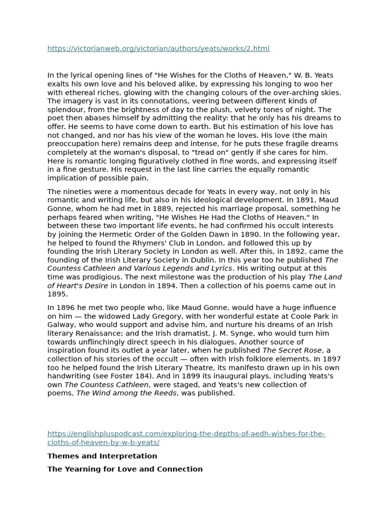 Poetry Research - HE WISHES FOR THE CLOTHS OF HEAVEN | PDF | W. B. Yeats