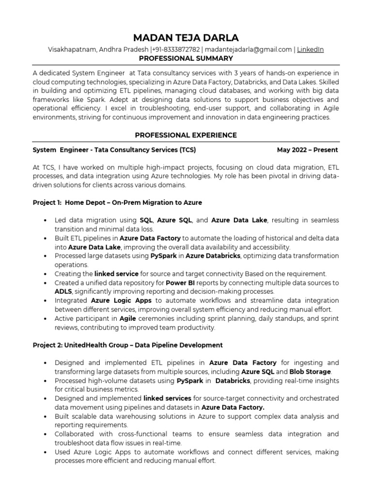 Madan Teja de Resume 3yEXP | PDF | Microsoft Azure | Apache Spark