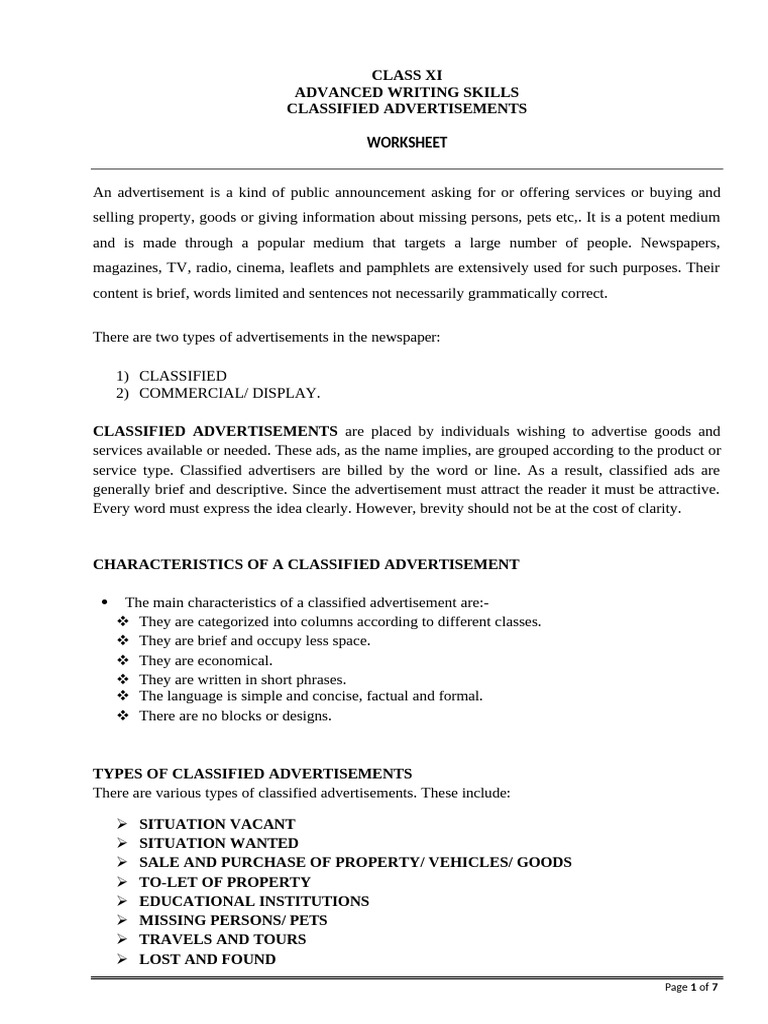 CBSE Class 11 English Advanced Writing Skills Classified Advertisements ...