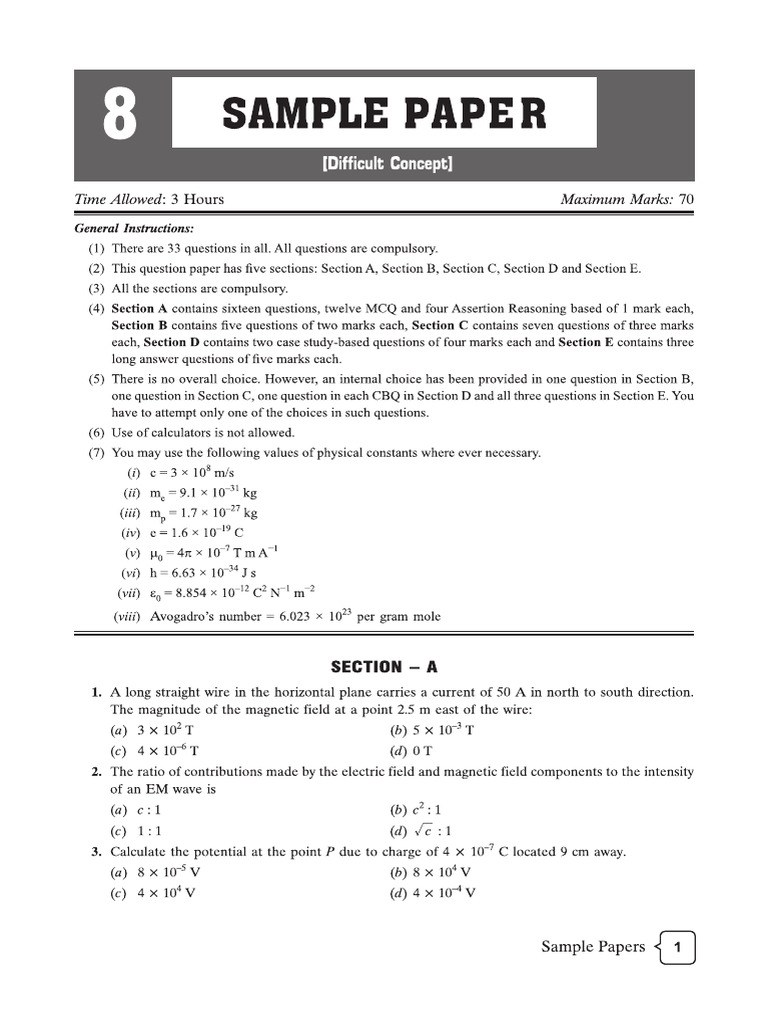 Cbse cl12 Ead Physics Difficult Paper 8 | PDF