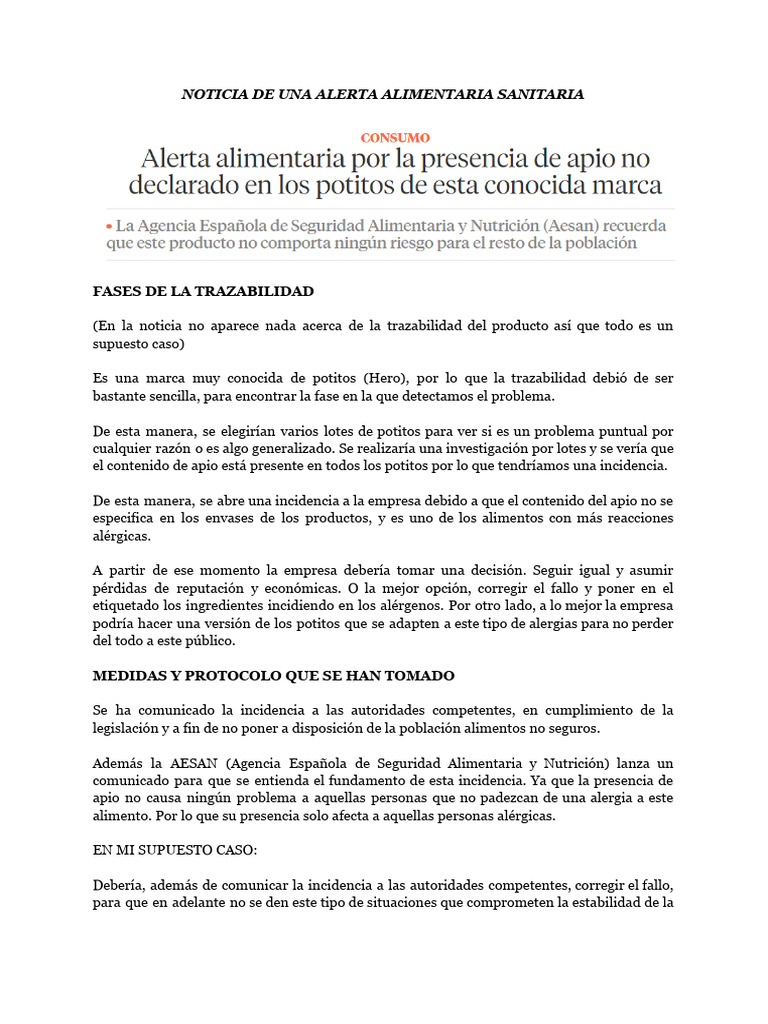 Noticia Alerta Sanitaria Alimantaria - David Samper 1H35 | PDF | Salud ...