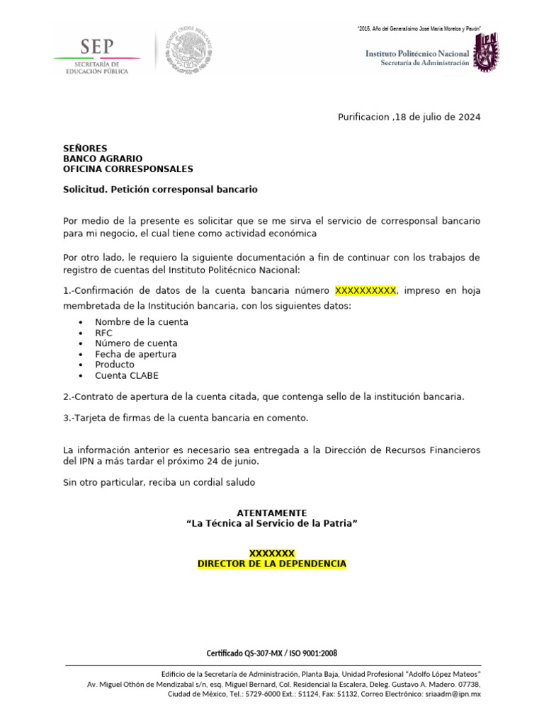 Oficio de Solicitud Al Banco | PDF | Derecho