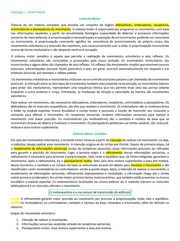 Fisiologia I - Aula 1, 2 e 3 (Camila) | PDF | Neurônio motor | Cerebelo