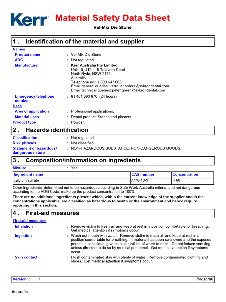 FISPQ Vel-Mix-Die-Stone-AU | PDF | Waste | Personal Protective Equipment