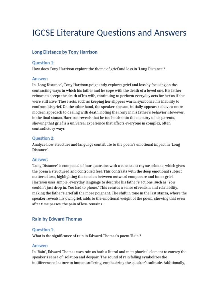 IGCSE Literature Questions and Answers | PDF | Poetry | Grief