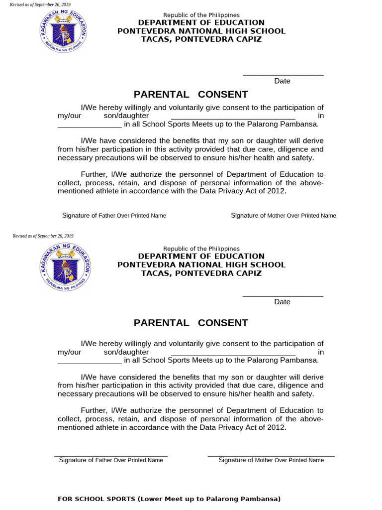 Parental Consent for School Sports Participation | PDF