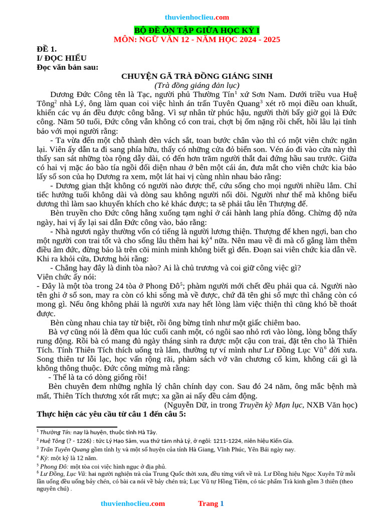 Bo de On Tap Giua HK1 Ngu Van 12 Canh Dieu | PDF