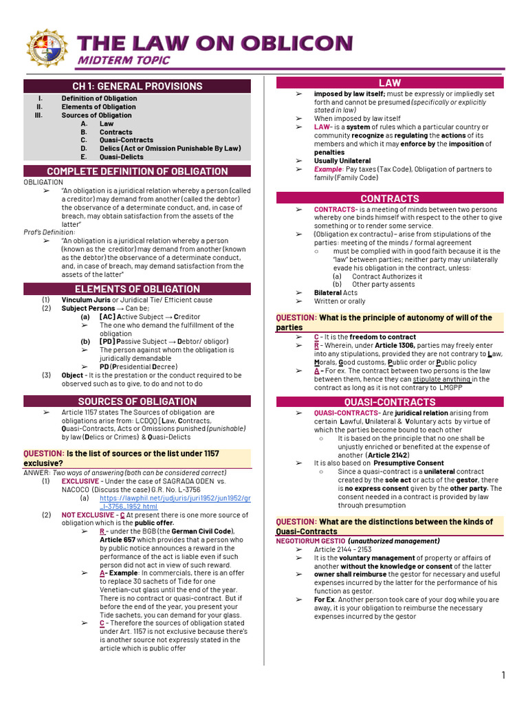 Oblicon - Midterm Reviewer - . | PDF | Legal Liability | Negligence