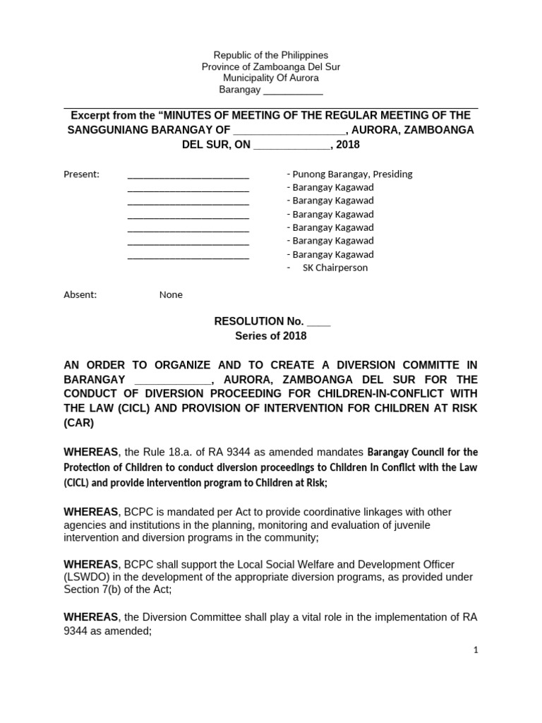 RESOLUTION Creation of Diversion Committee - Aurora | PDF | Justice ...