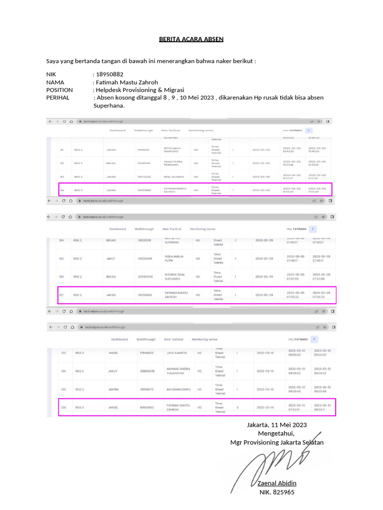 BERITA ACARA KURANG ABSEN_ FATIMAH MZ | PDF