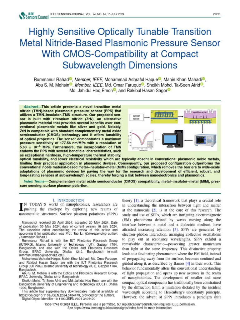 Highly Sensitive Optically Tunable Transition Metal Nitride-Based Plasmonic Pressure Sensor With ...