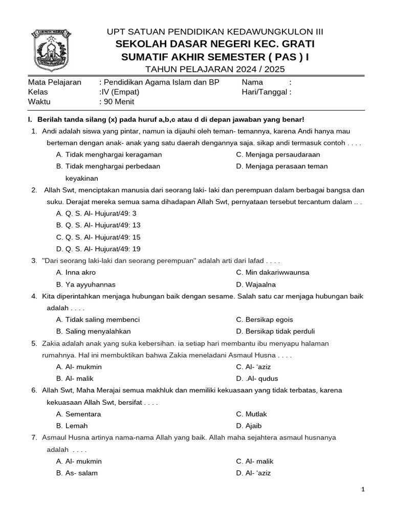 Pai 4 Soal Kumer Sas 1 2023-2024 | PDF | Agama & Spiritualitas