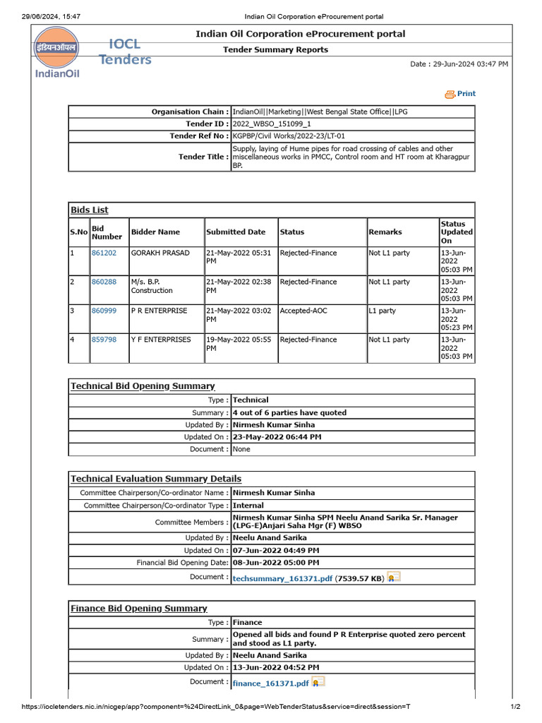 IndianOil Tender Summary Report | PDF | Business | Procurement