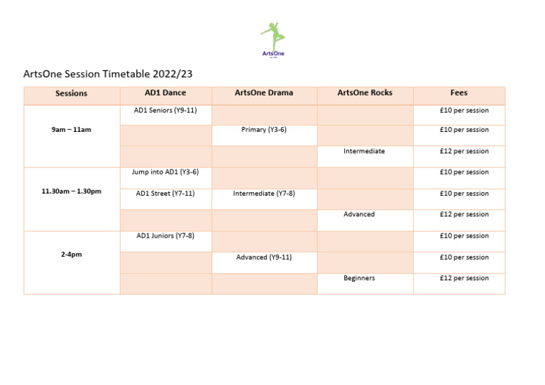 ArtsOne Sessions Timetable 2022 | PDF