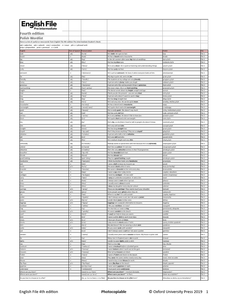 Ef4e - Pre-Int - Wordlist - PL 2-Sheet1 | PDF | Part Of Speech | Semantic Units