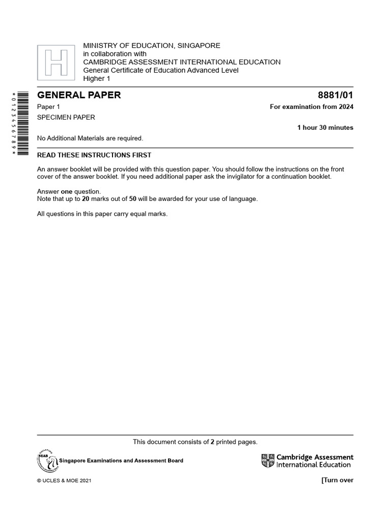 General Paper 8881/01: General Certificate of Education Advanced Level ...