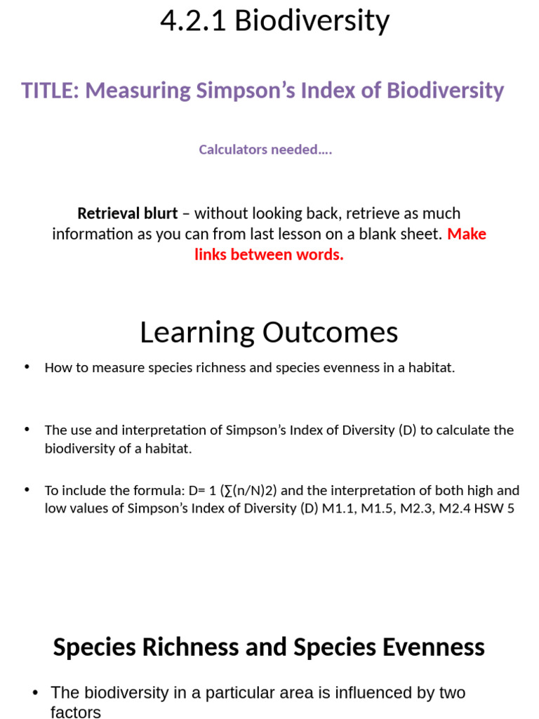 L3 Measuring Biodiversity (Simpson's Diversity Index) | PDF ...