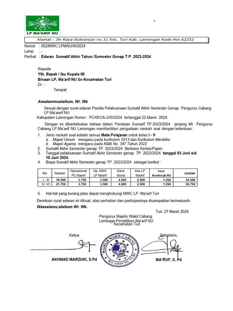 Edaran Pat Genap 2023-2024 | PDF