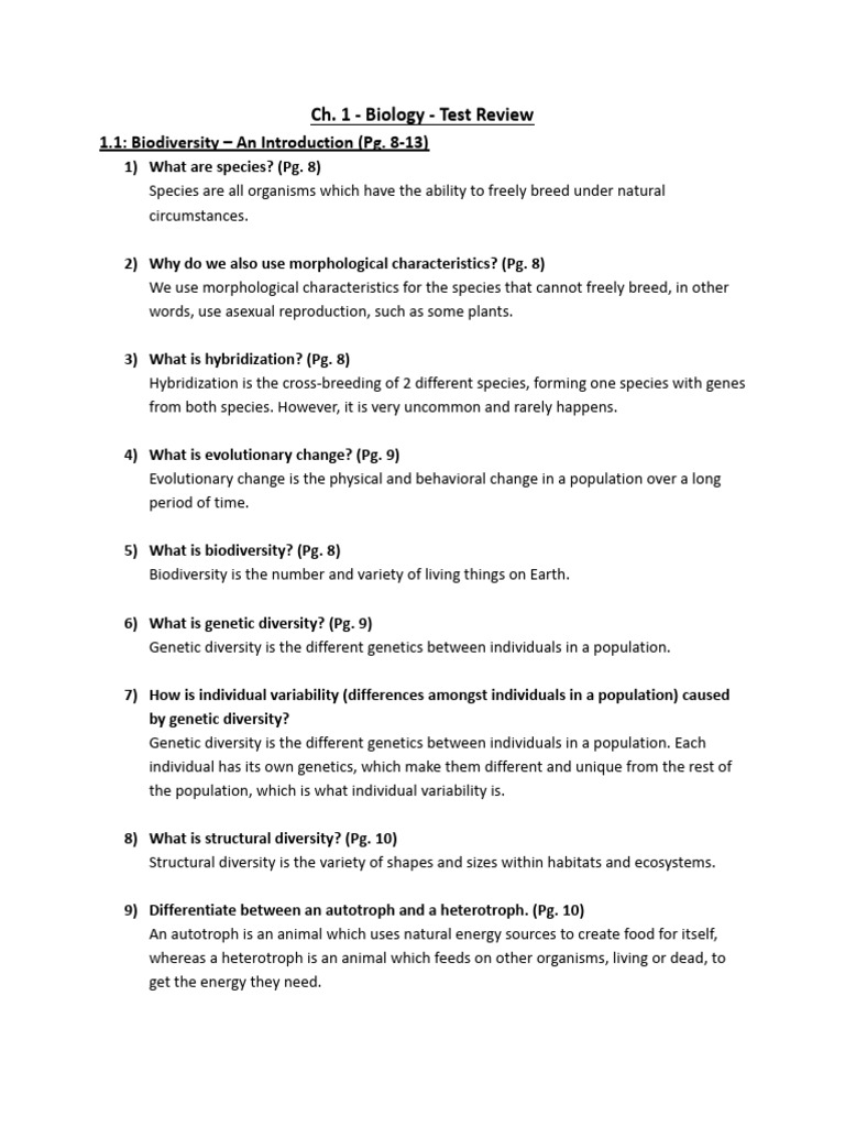 Ch. 1 - Biology - Test Review | PDF | Taxonomy (Biology) | Biodiversity