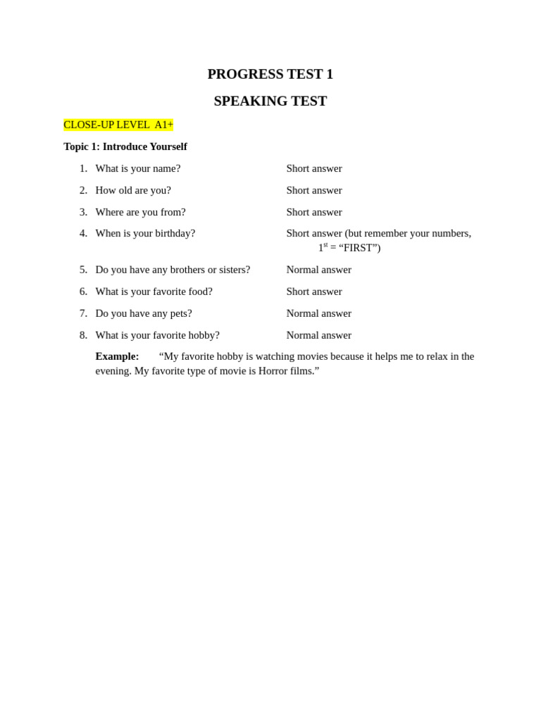 Progress Test 1-Speaking Test | PDF | Grammar | Linguistics