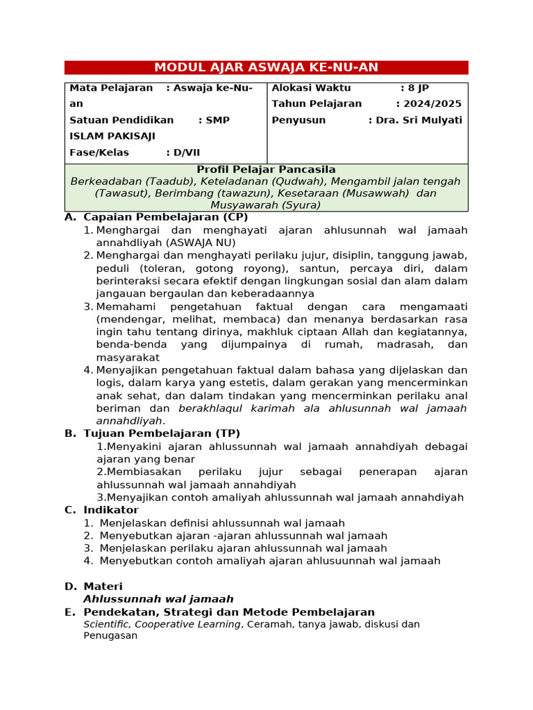 MODUL AJAR ASWAJA Kls 7 | PDF