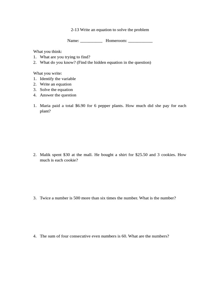 Write An Equation To Solve Problem Worksheet | PDF | Games & Activities
